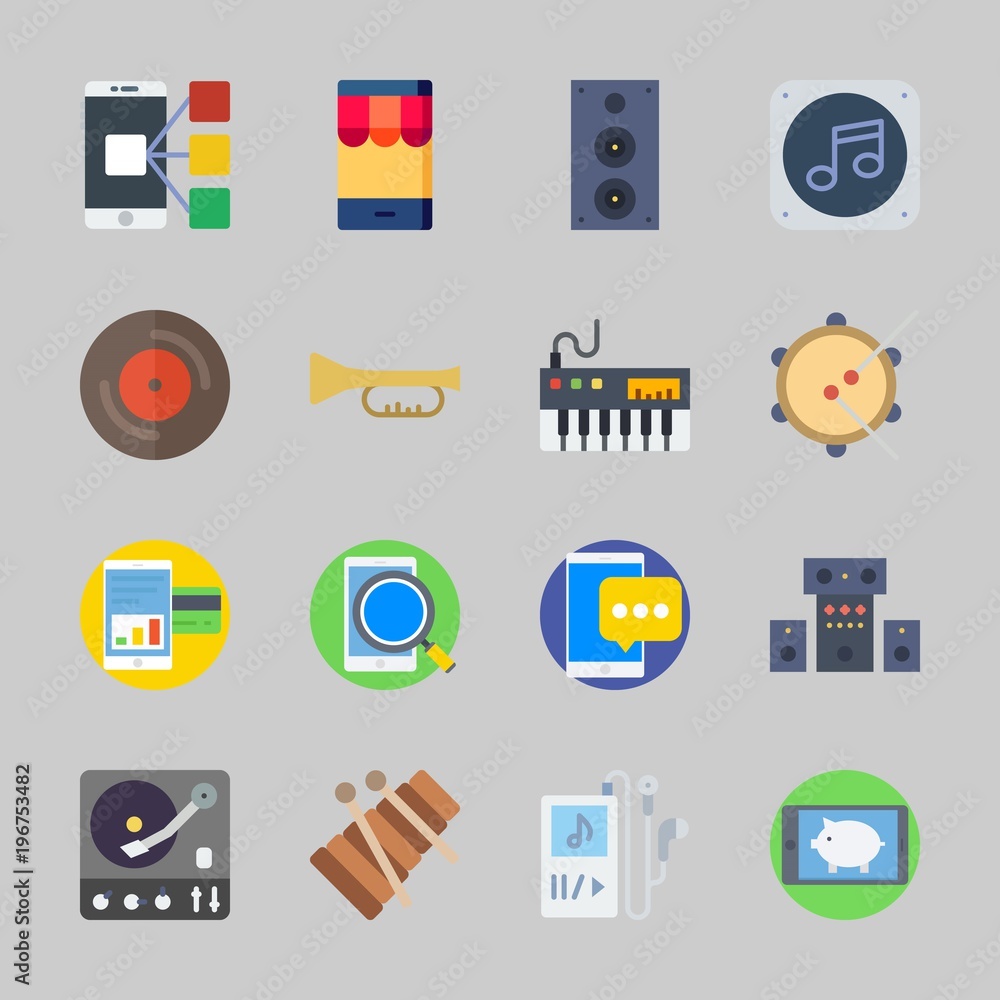 Icons about Music with speaker, turntable, xylophone, sound system ...