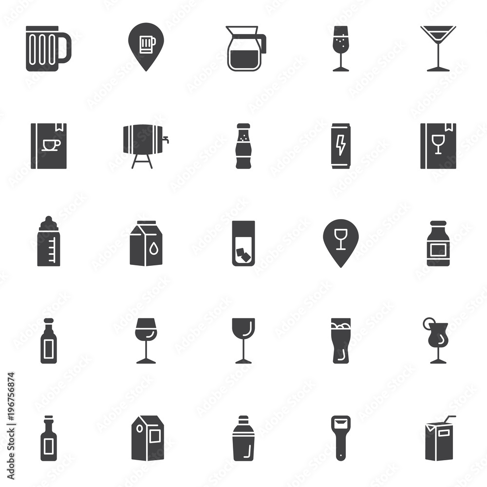 Drinks and beverages vector icons set, modern solid symbol collection ...