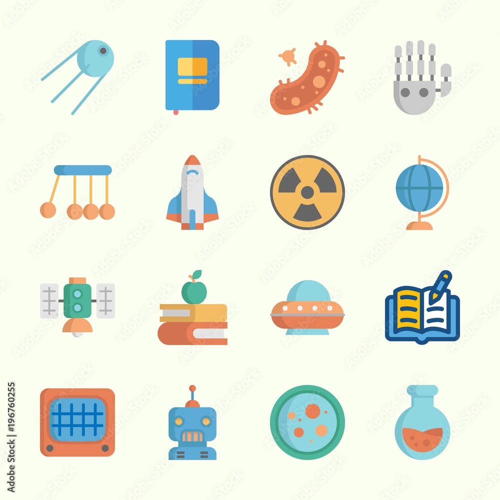 Icons about Science with rocket ship, sputnik, petri dish, bacteria ...