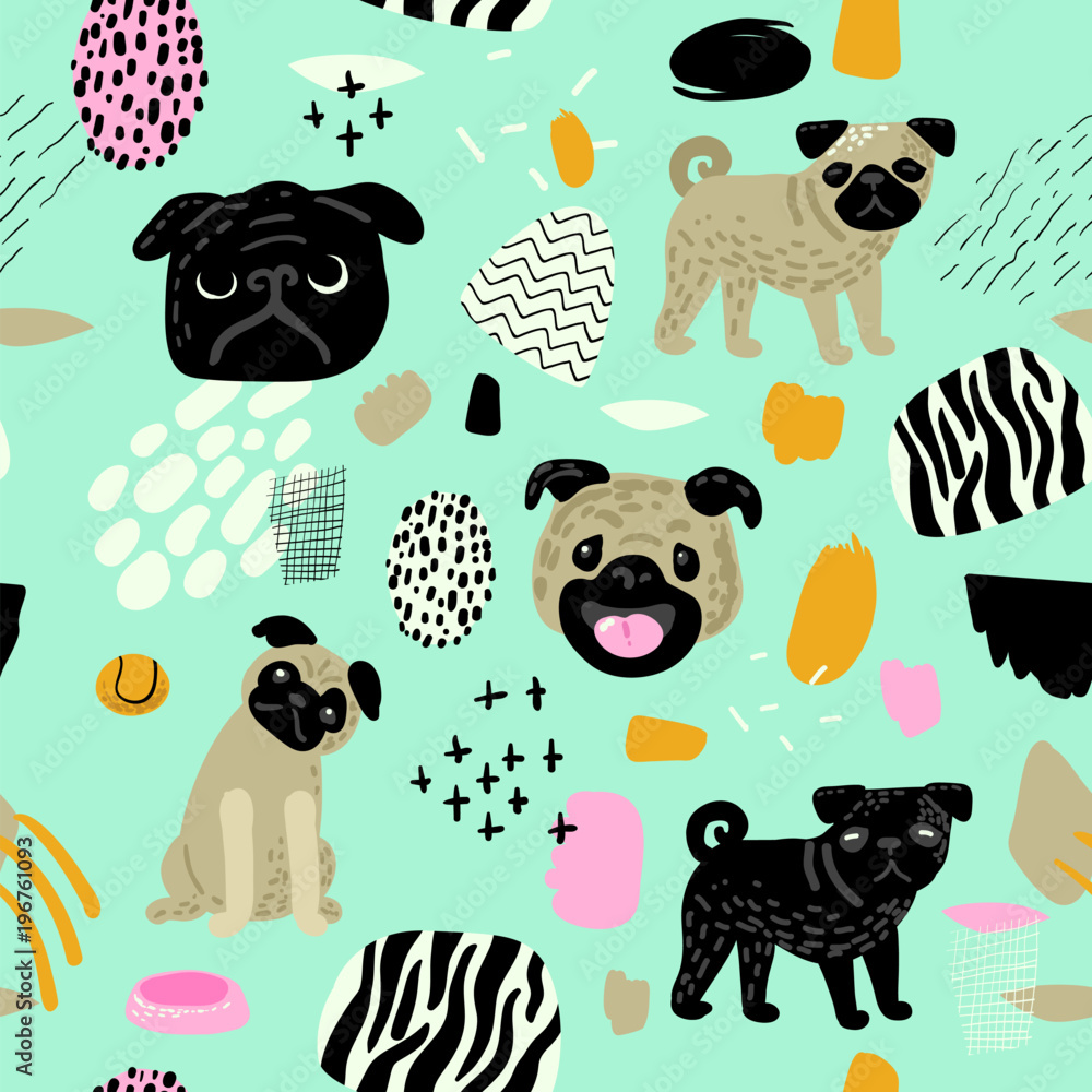 Cute Dogs Seamless Pattern. Childish Background with Pug Puppies and ...