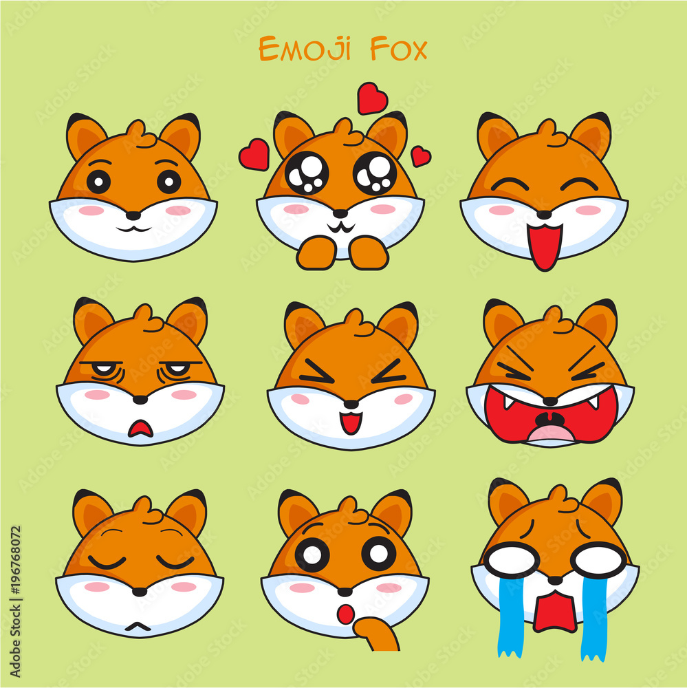 fox emoji, vixen smile icons set, vector, cartoon, design, color Stock ...