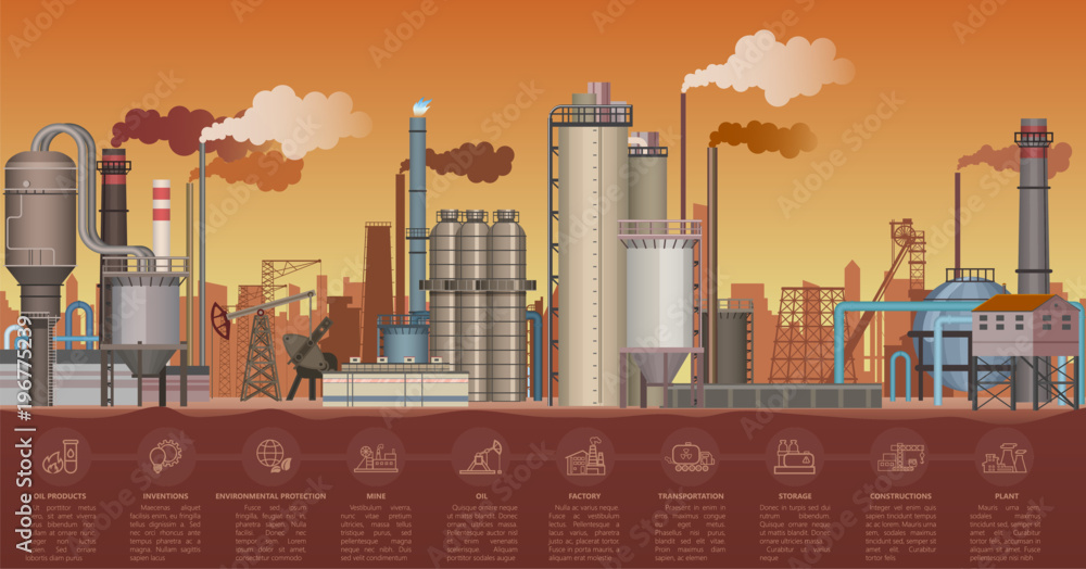 Heavy industrial factory buildings landscape. Vector illustration with ...