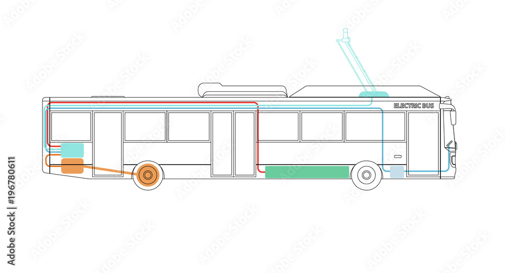 Scheme of the elements of the electric bus. Vector illustration Stock ...