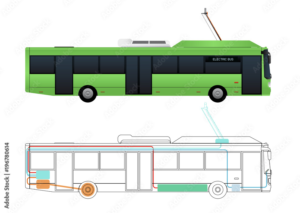 Scheme of the elements of the electric bus. Vector illustration Stock ...