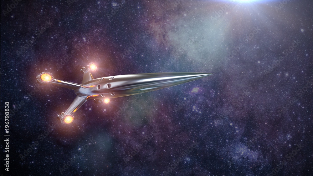 spaceship in front of the stars of the Milky Way galaxy, rocket in deep ...