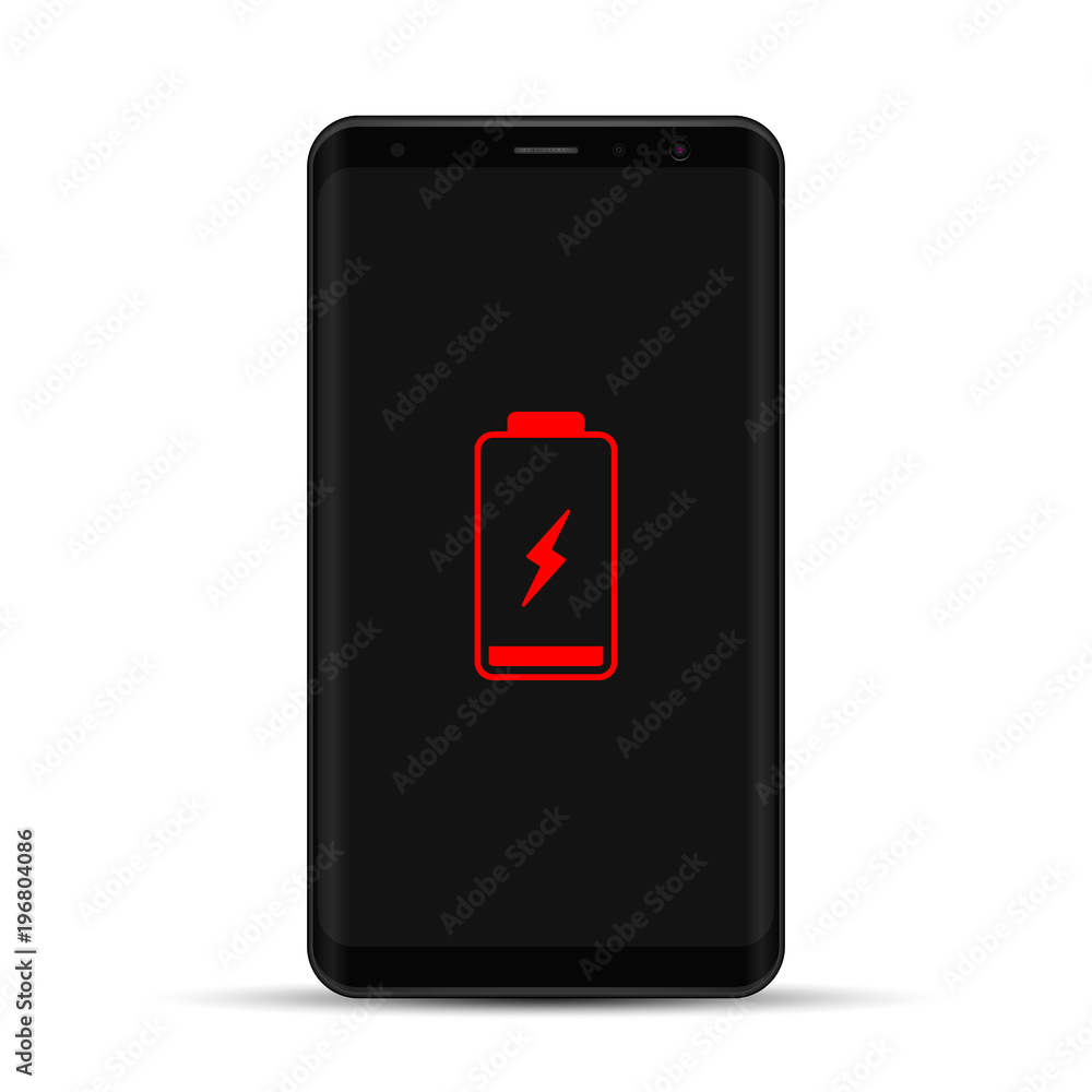 Mobile Phone With Low Battery Sgn On Screen. Vector isolated realistic ...