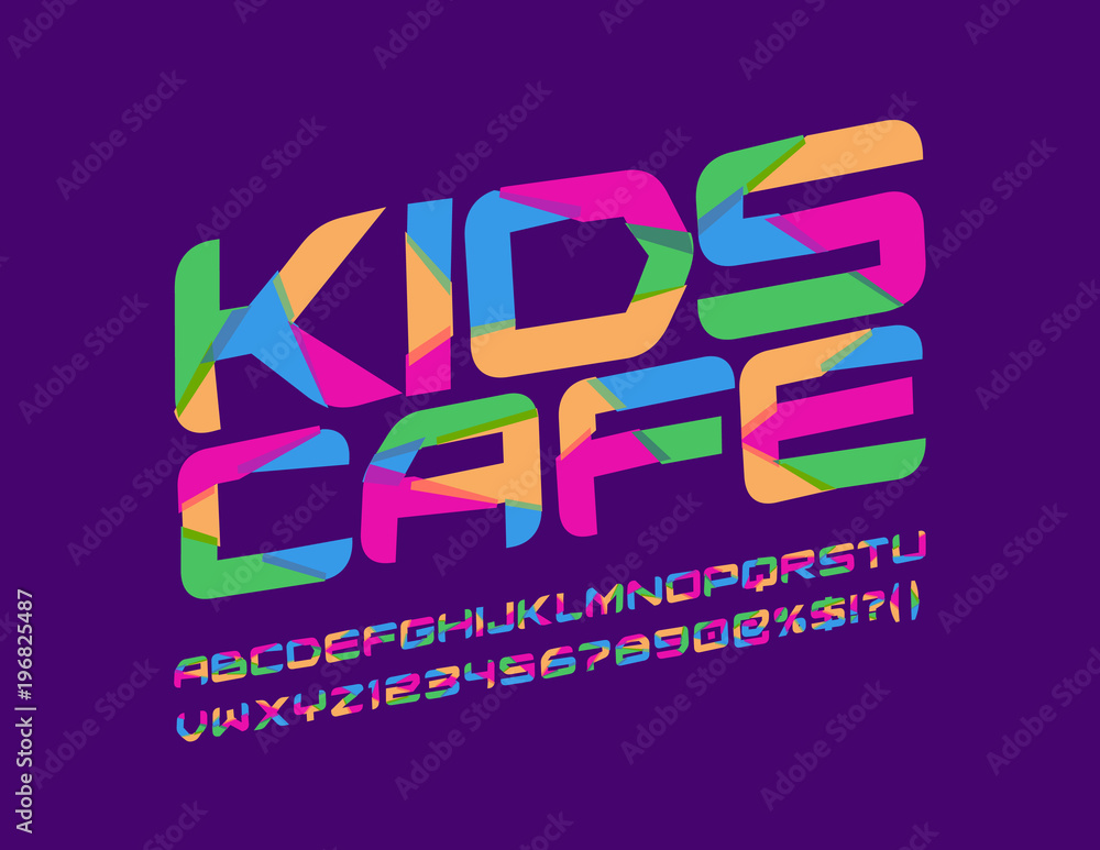 Vector rotated Colorful Logo Kids Cafe. Cute bright Font. Playful ...