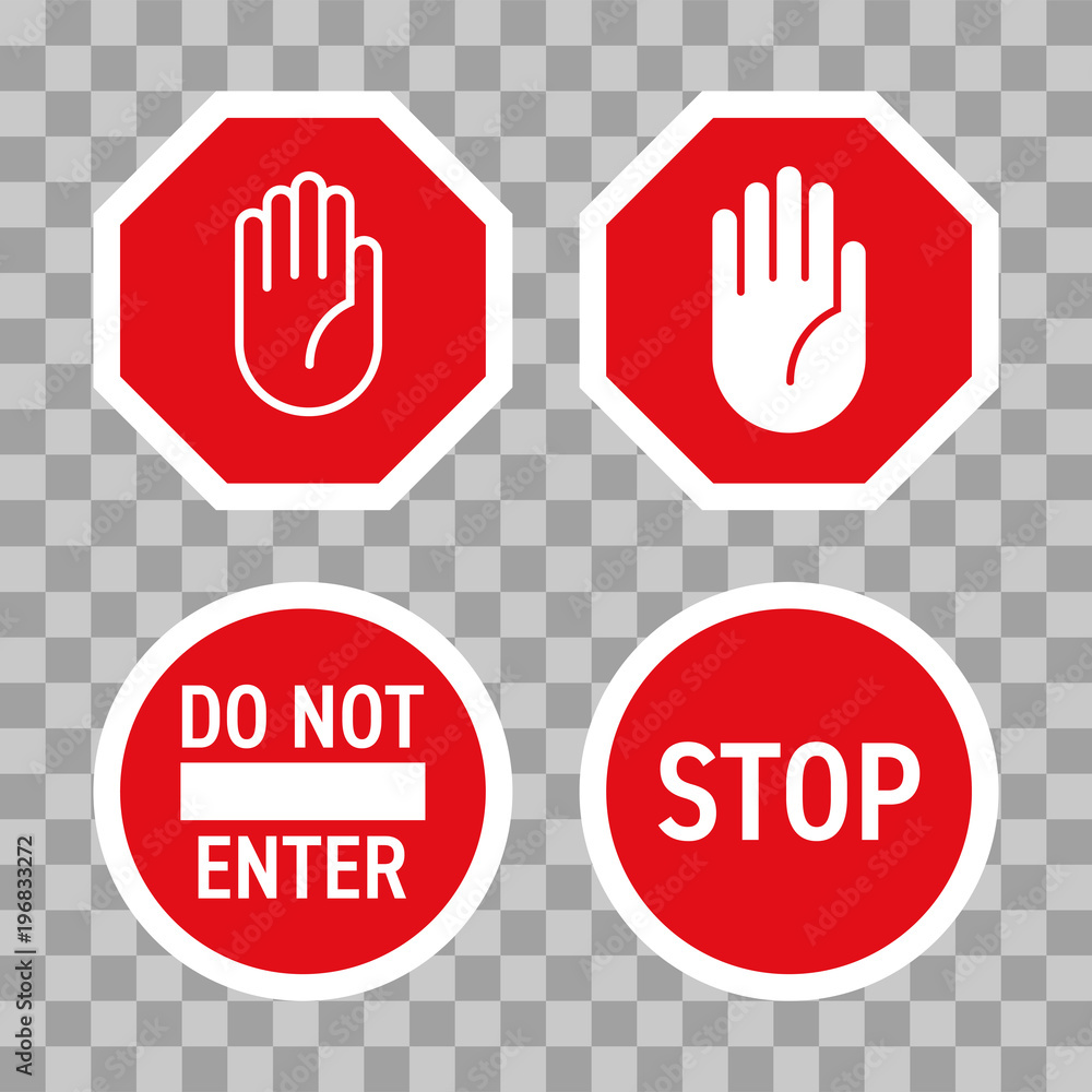 Stop road sign with hand gesture. Vector red do not enter traffic sign ...