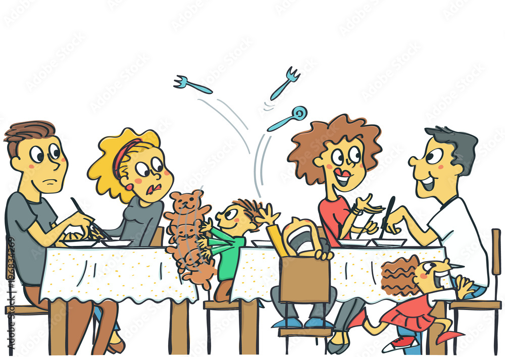 Spouses in restaurant with their annoying and irritating children ...