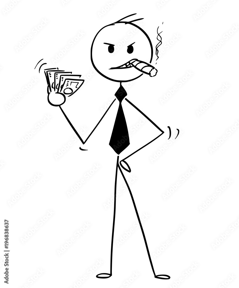 Cartoon stick man drawing conceptual illustration of successful rich ...