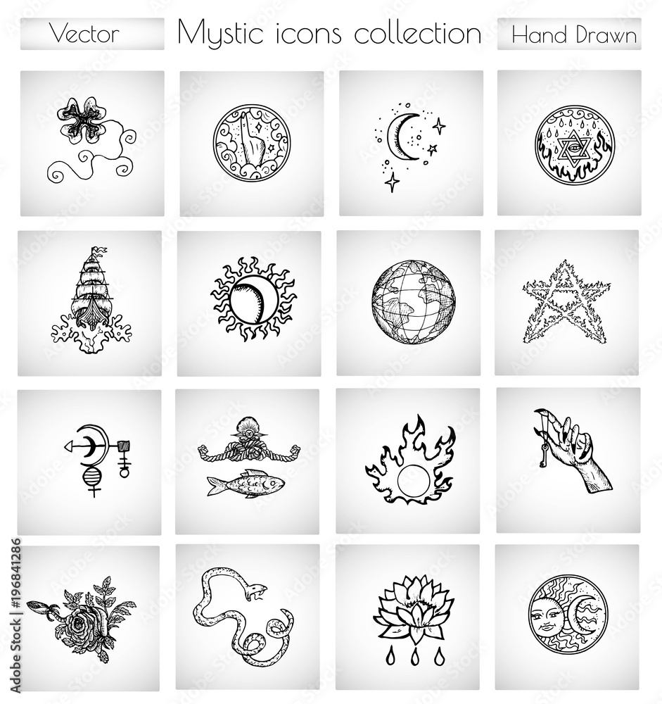 Vector doodle collection with spiritual, religious and esoteric icons ...
