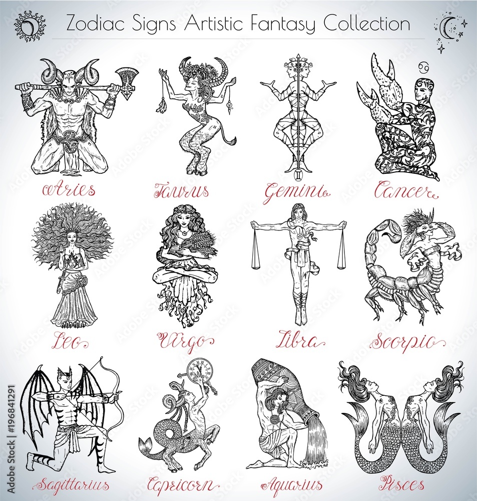 Hand drawn vector collection with fantasy Zodiac signs icons. Set with ...