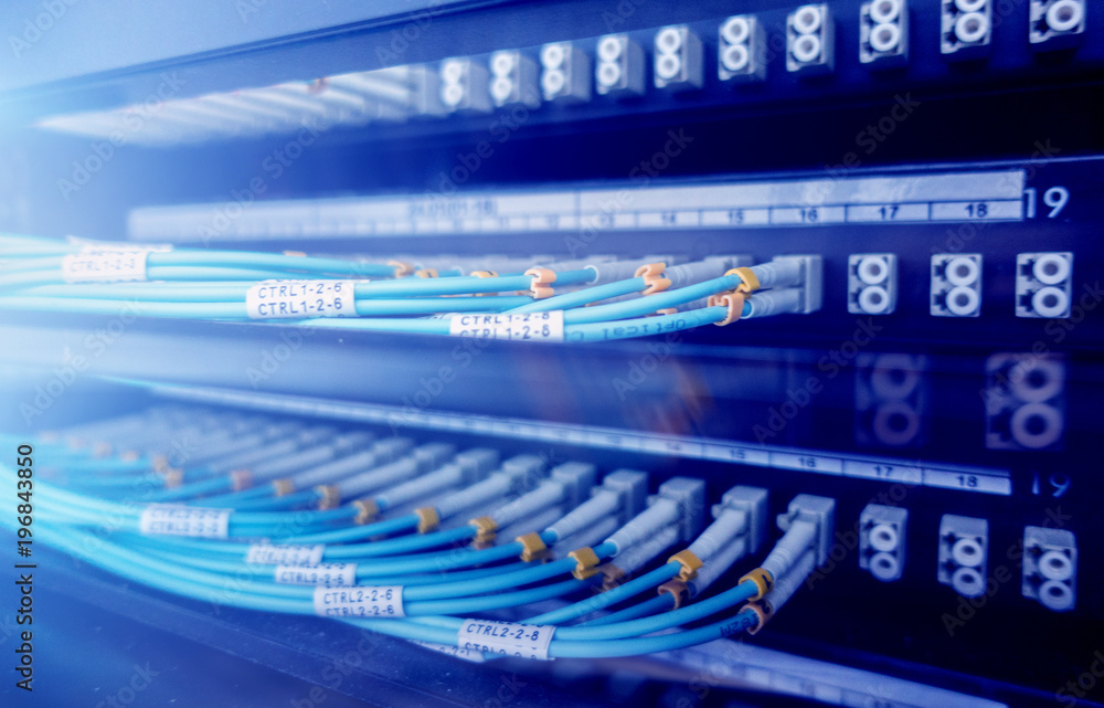 Optical server. Commutator. flashing lights. Optical fiber. Audio ...