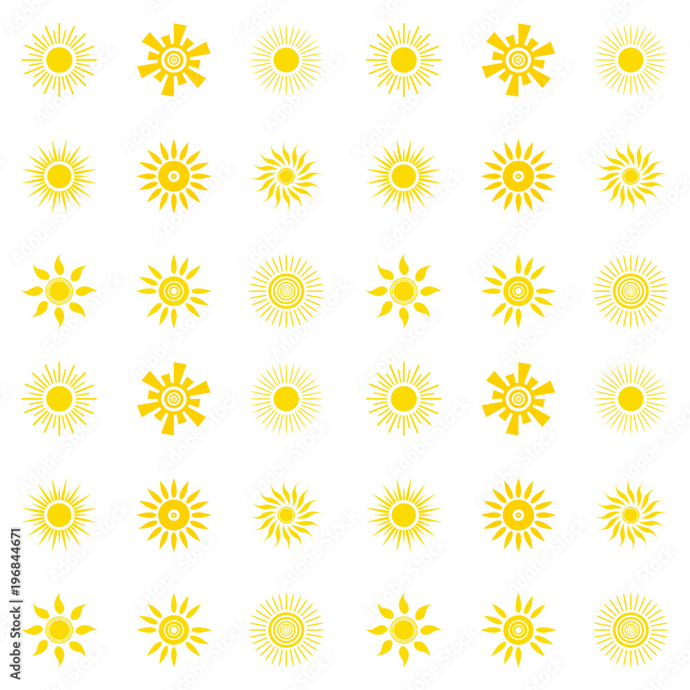 Seamless pattern with sun. Yellow sun of various shapes on white ...