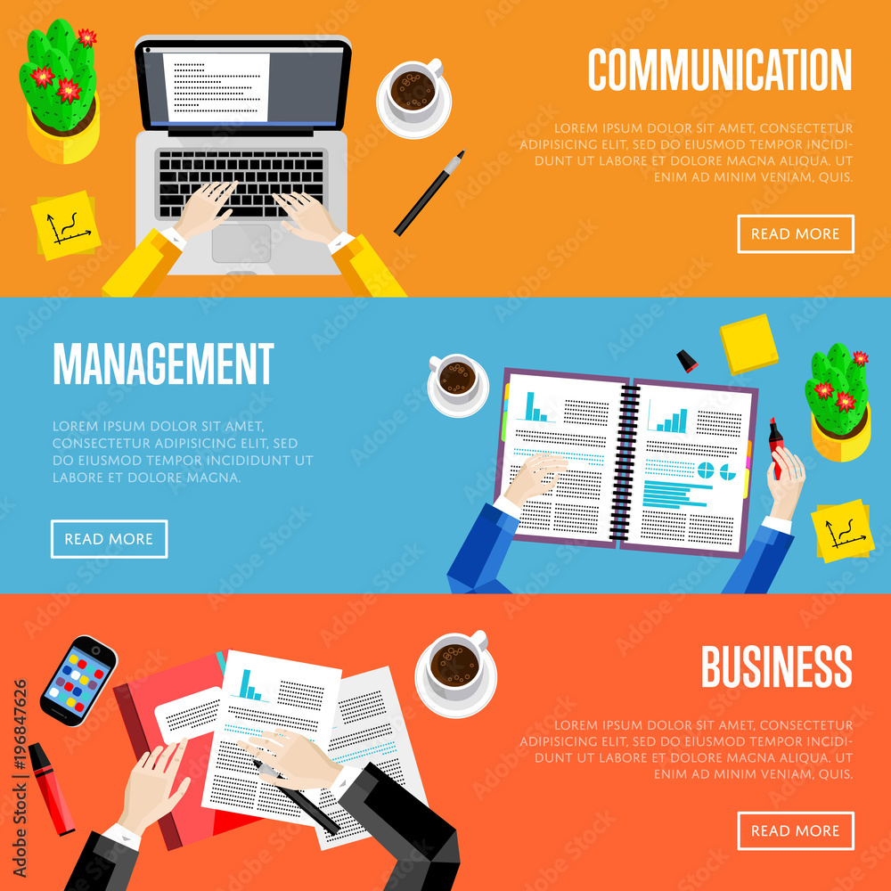 Top view office workspace website templates, vector illustrations ...