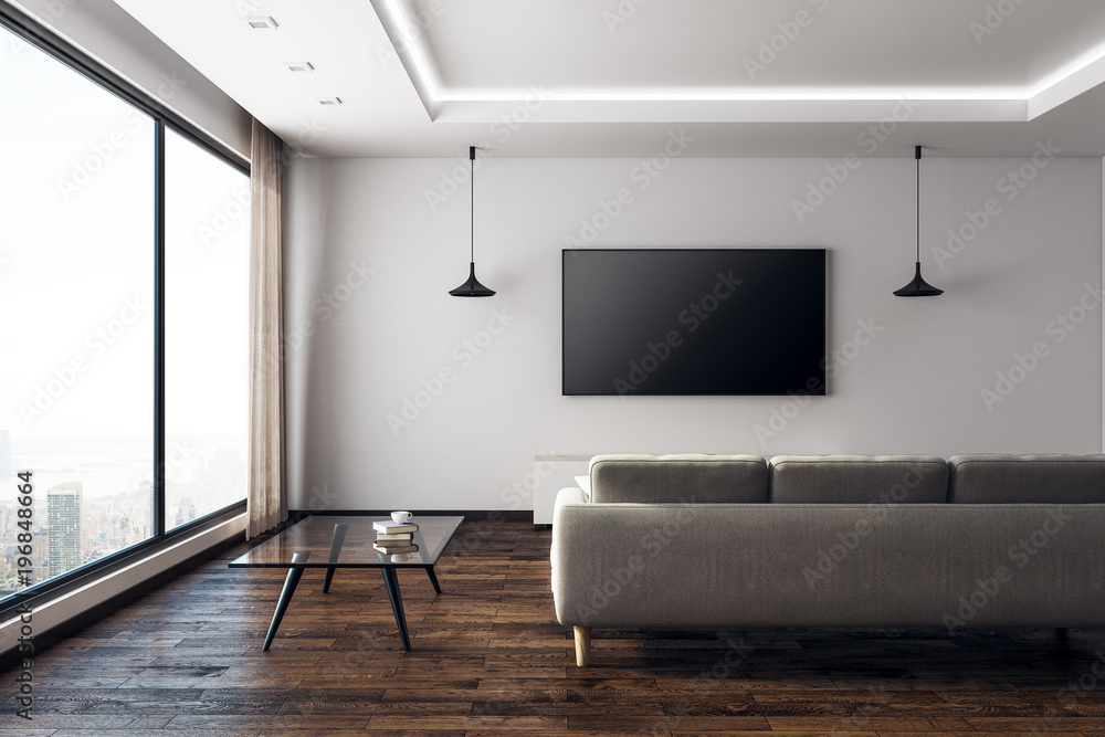 Contemporary living room with empty TV front Stock Photo | Adobe Stock