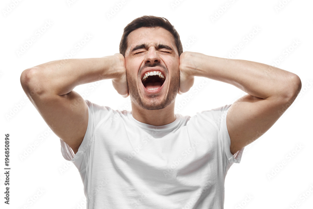 Photo & Art Print Young man shout at noisy neighbours upstairs ...