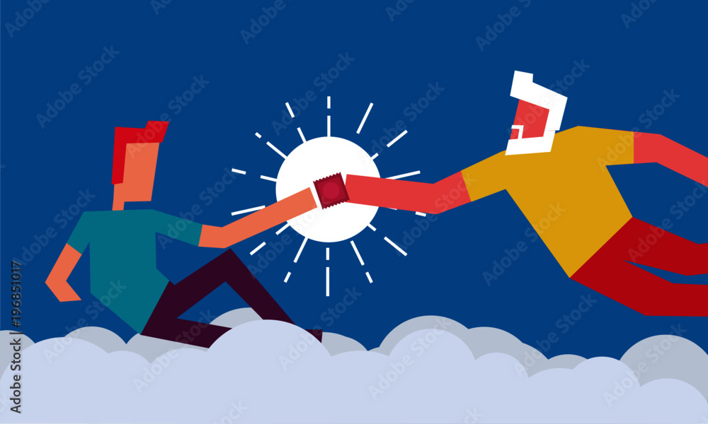 God Creating Adam Concept. Man giving Condom to another person. Vector ...