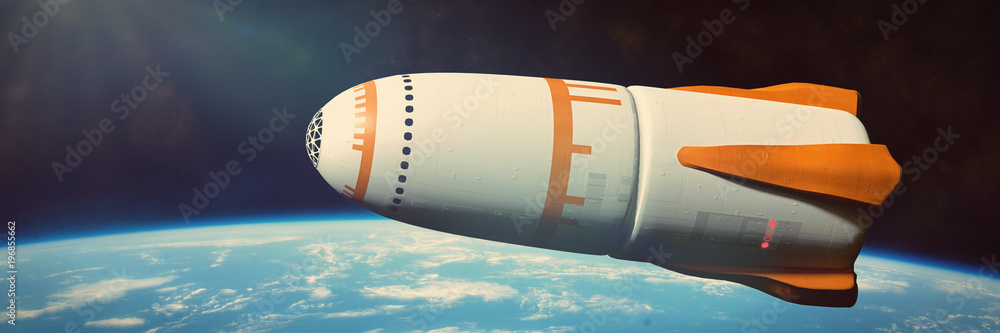 spaceship leaving planet Earth, futuristic rocket approaching orbit ...