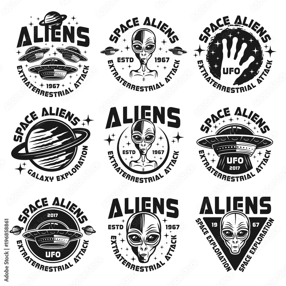 Ufo and aliens collection of nine emblems, labels, badges, stickers and ...