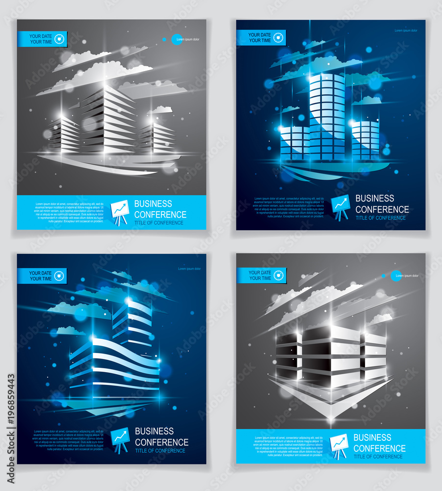 Office buildings brochures set, modern architecture vector flyers with ...