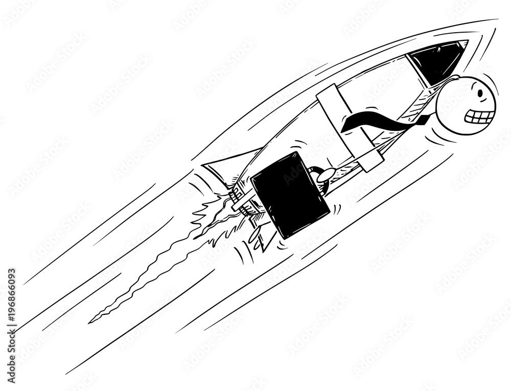 Cartoon stick man drawing conceptual illustration of businessman flying ...