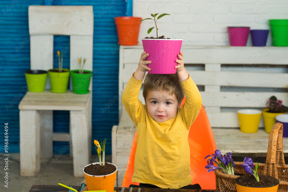 Funny kid with plant. Small helper, home garden, spring nature. Flowers ...