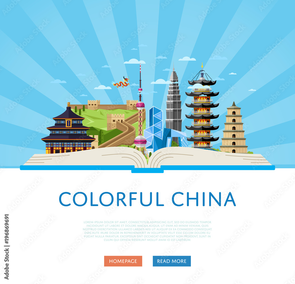Colorful China poster, vector illustration. Open big book with famous ...