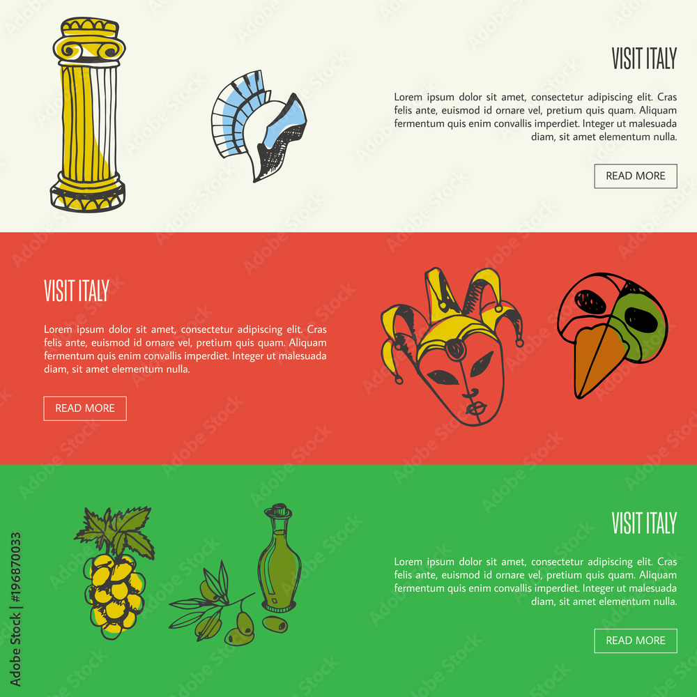 Visit Italy banners. Antique column, gladiator helmet, venetian ...