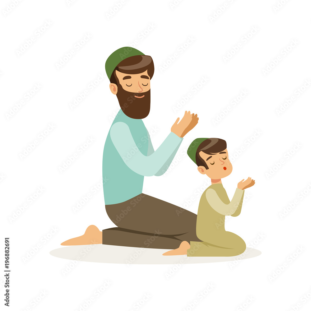 Bearded muslim man and his son praying to Allah. Islamic religion. Arab ...