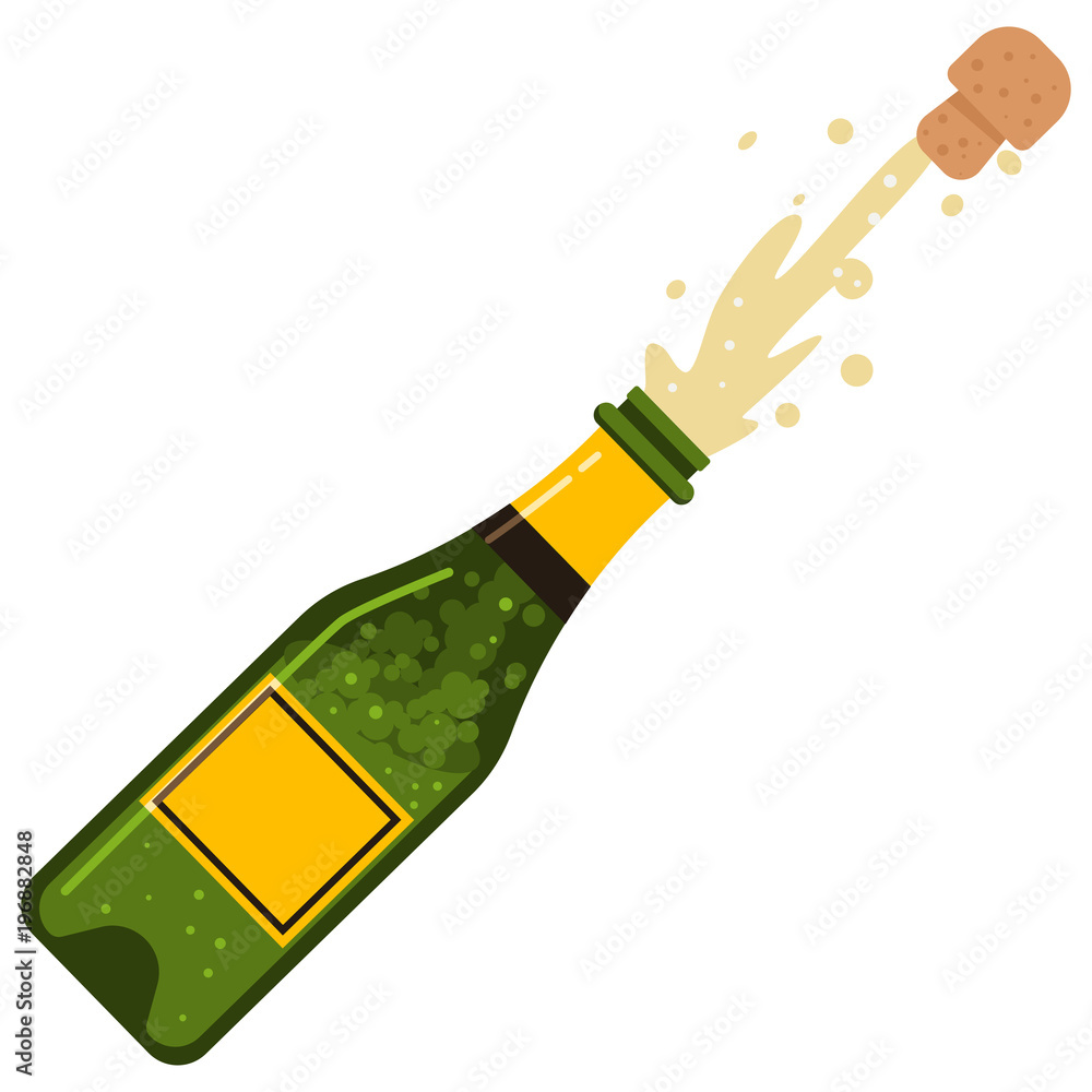 Champagne bottle cork explosion. Vector cartoon flat icon of sparkling ...