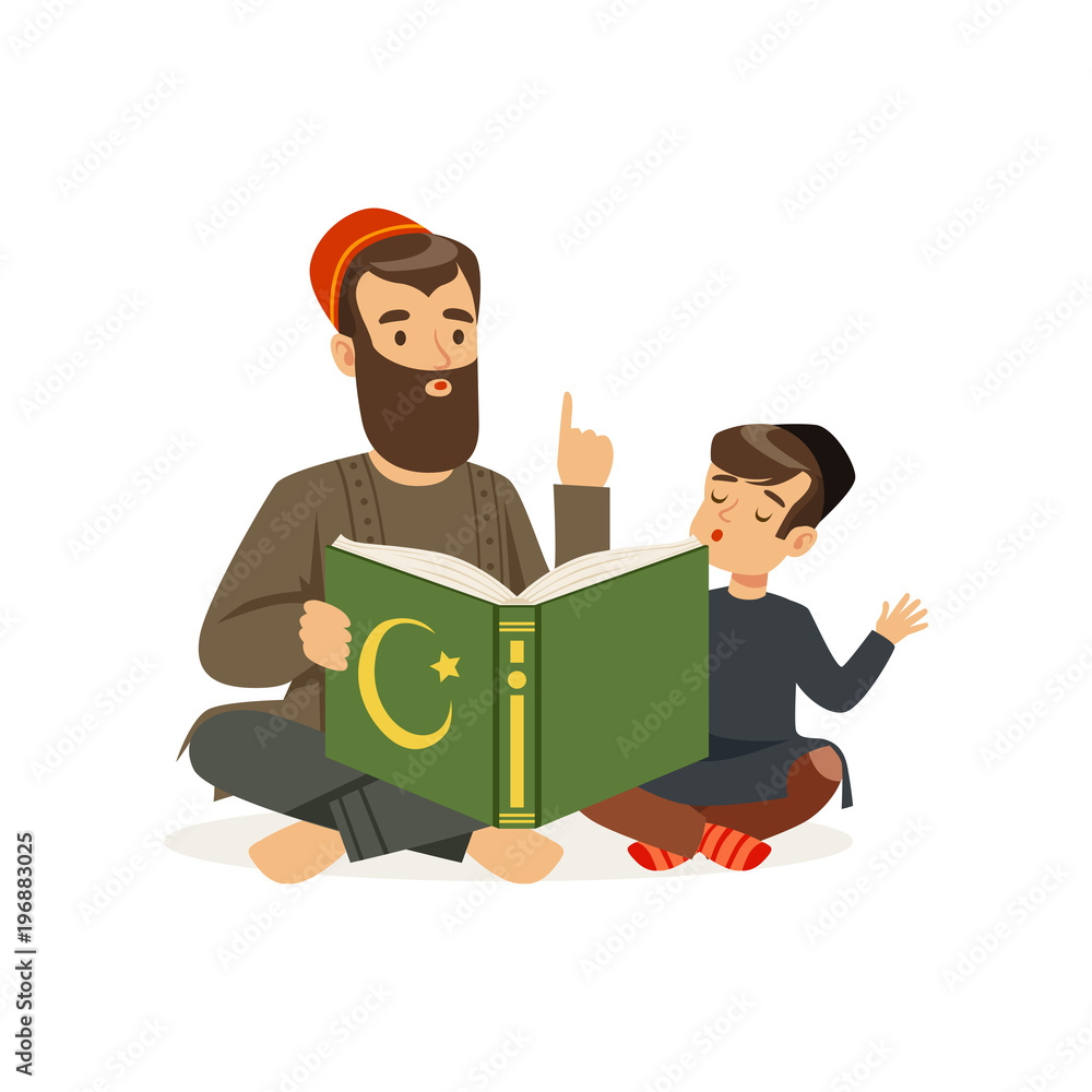 Father and his little son sitting on floor and reading holy book ...