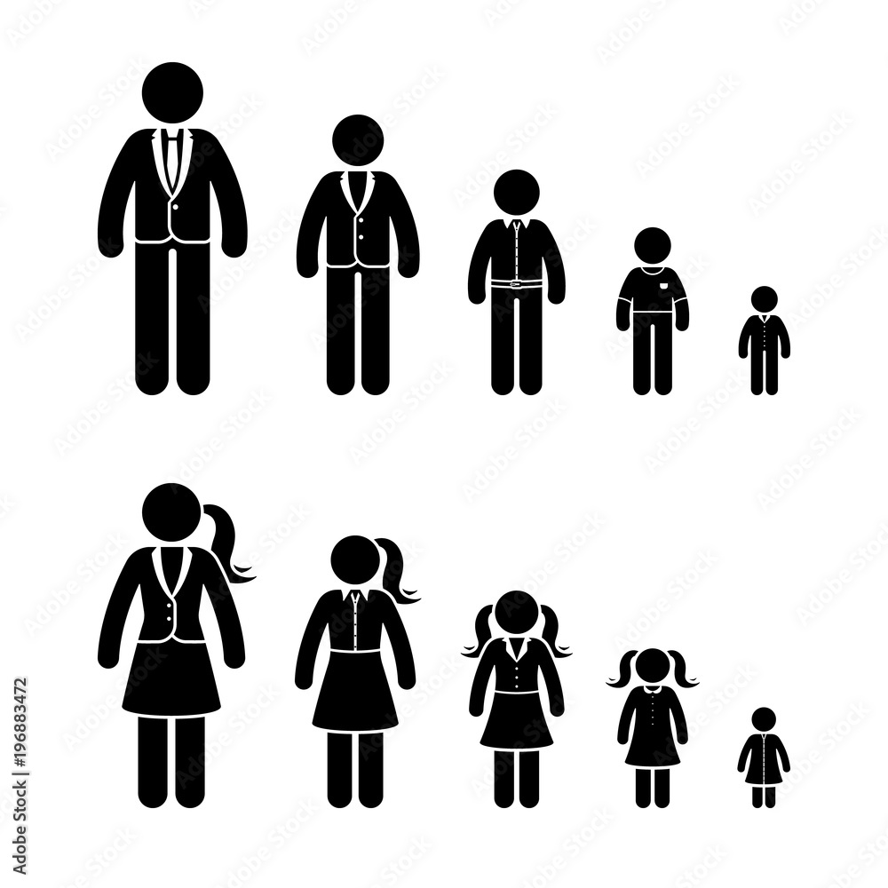 Stick figure growing boy and girl icon set. Vector illustration of ...