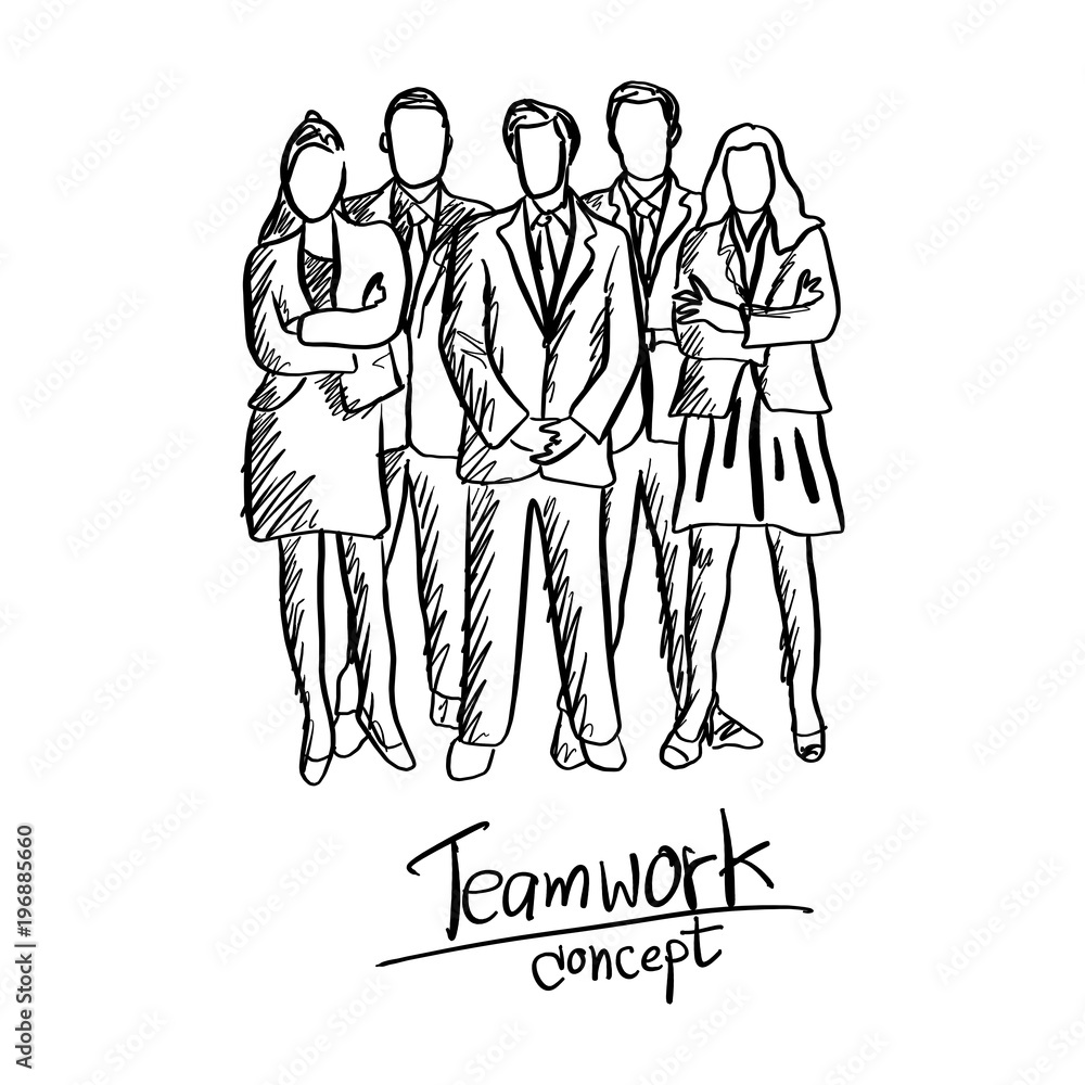 doodle five business people team in formal suit standing vector ...