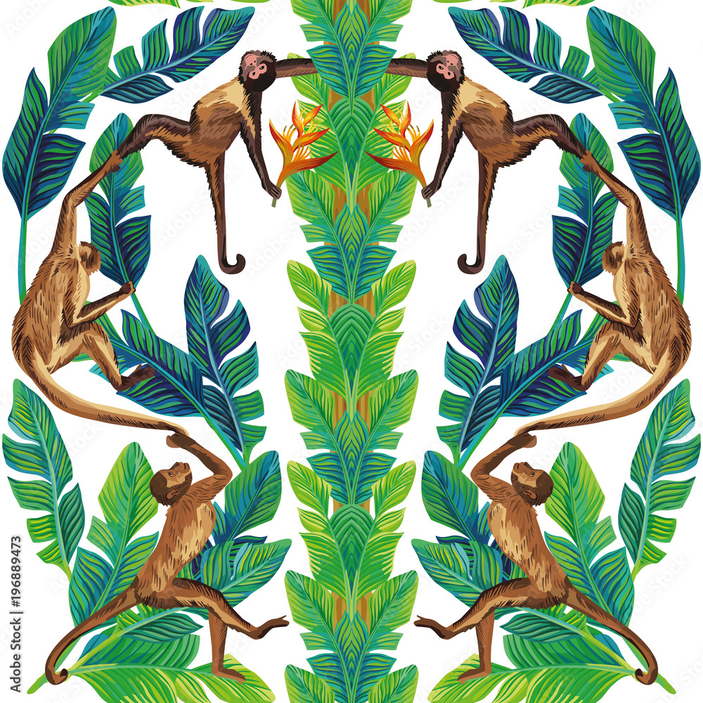 Mirror monkey palm leaves composition seamless white background Stock ...