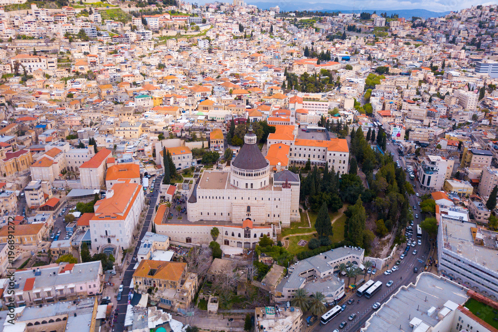 Aerial image of the Basilica of the Annunciation over the old city ...