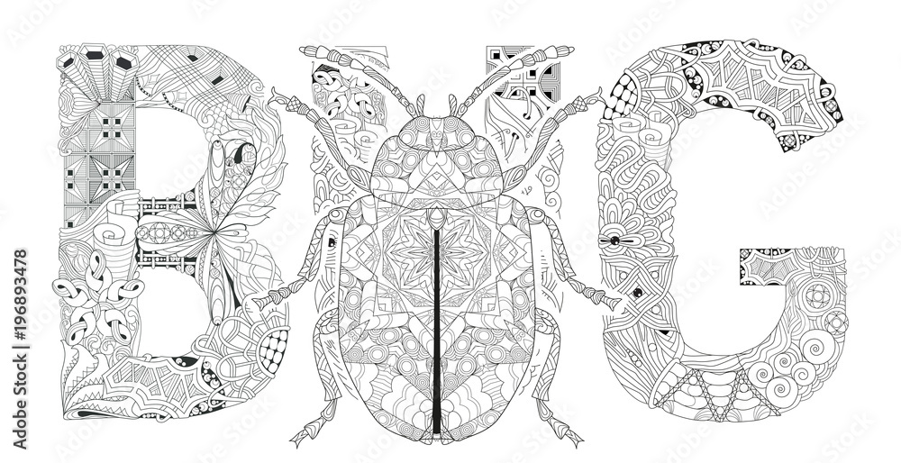 Word BUG for coloring with beetle silhouette. Vector decorative ...