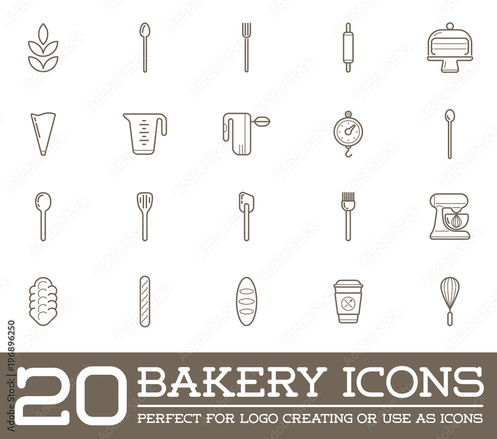 Set of Raster Bakery Pastry Elements and Bread Icons Illustration can ...