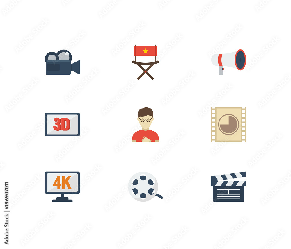 Video icons set with 3d movie, movie director and cinema reel. Set of ...