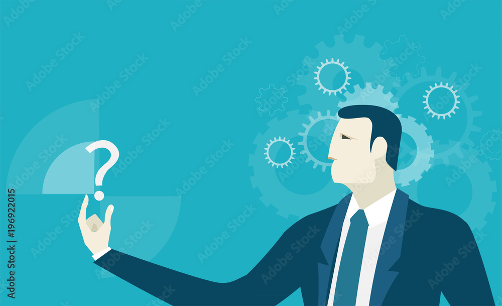 Businessmen holding and looking at question mark. Innovation and making ...