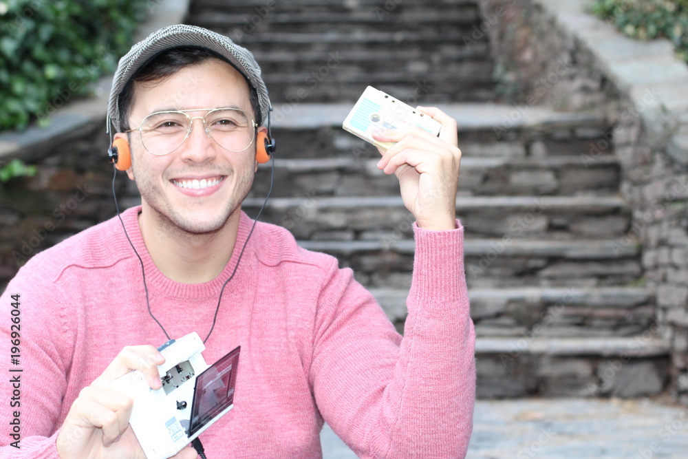 Guy listening to Stereo cassette Walkman in the 80s or the 90s Stock ...