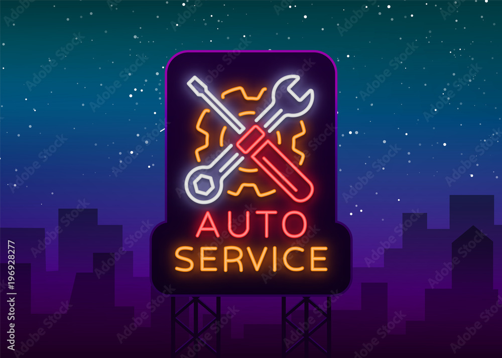 Car service repair logo vector, neon sign emblem. Vector illustration ...