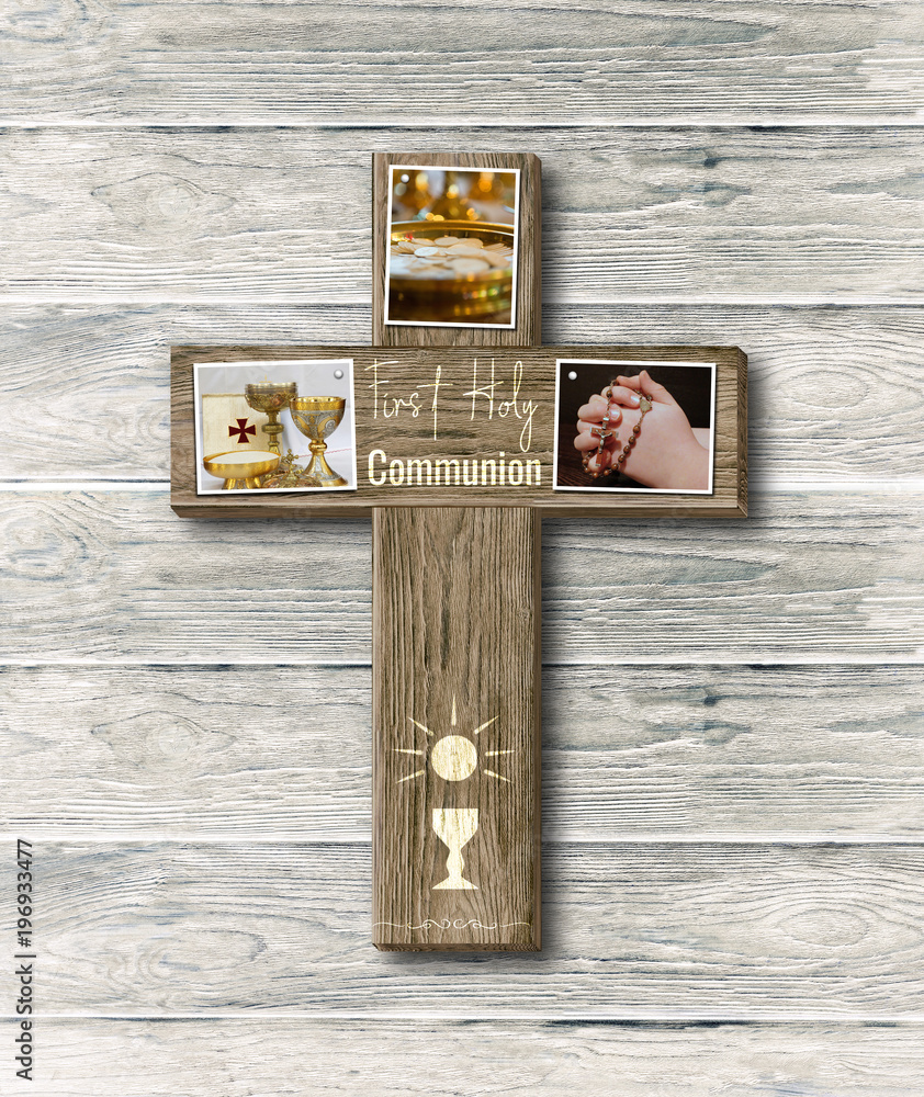 Modern First Holy Communion illustration featuring a wooden cross with ...