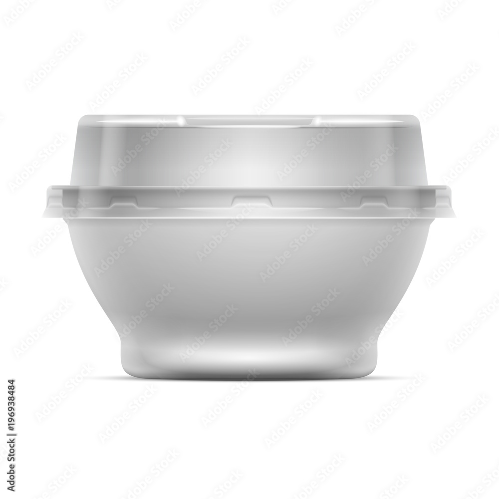 Front view of round container with transparent lid. Vector packaging ...