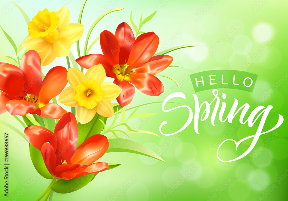 Romantic background with spring flowers bouquet and greeting. Vector ...