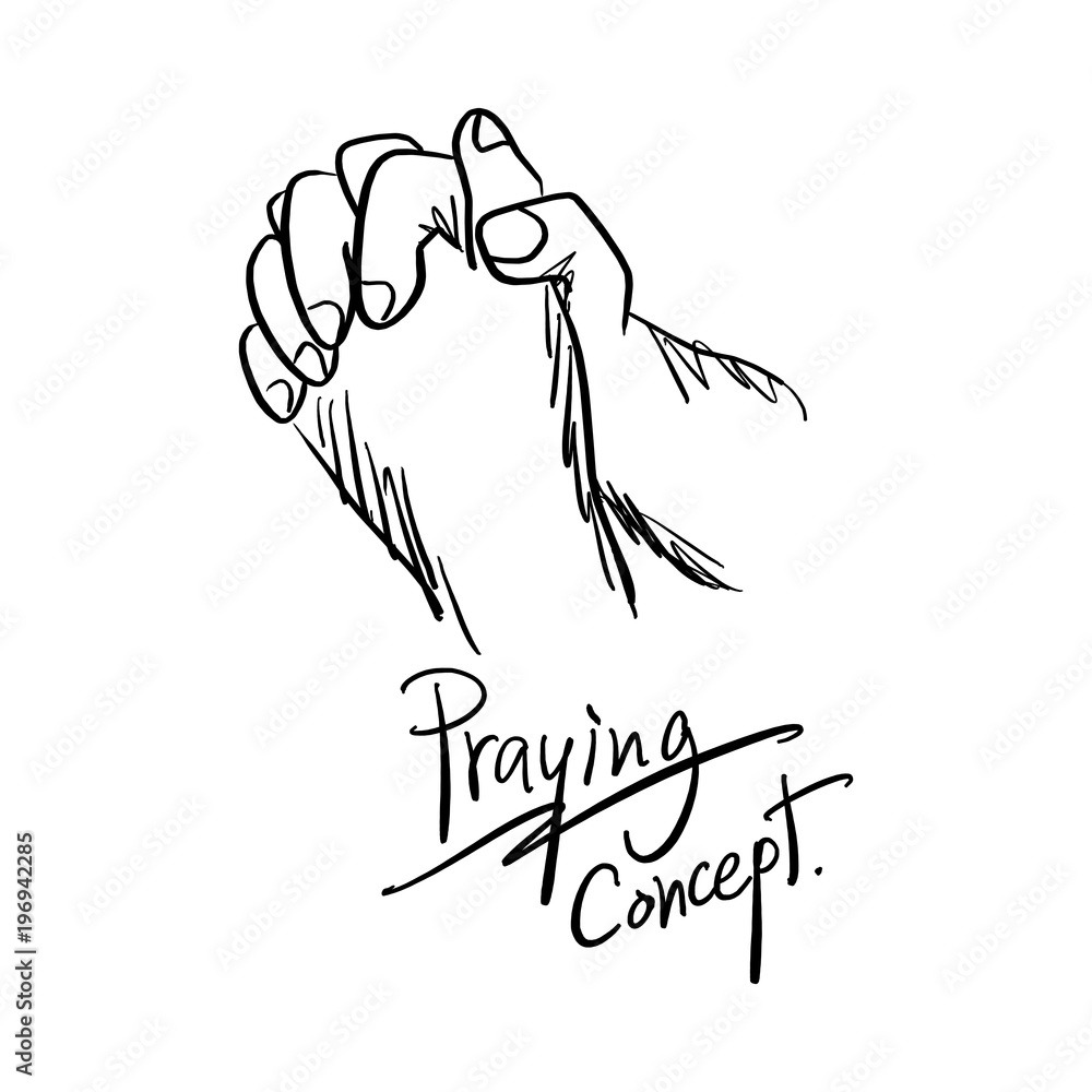 close-up hand praying vector illustration sketch hand drawn with black ...