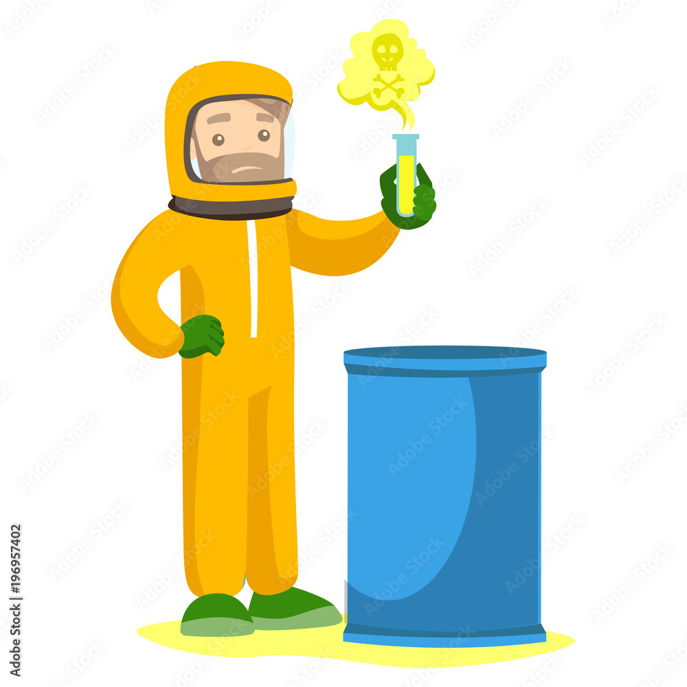 Young caucasian white scientist in radiation protective suit standing ...