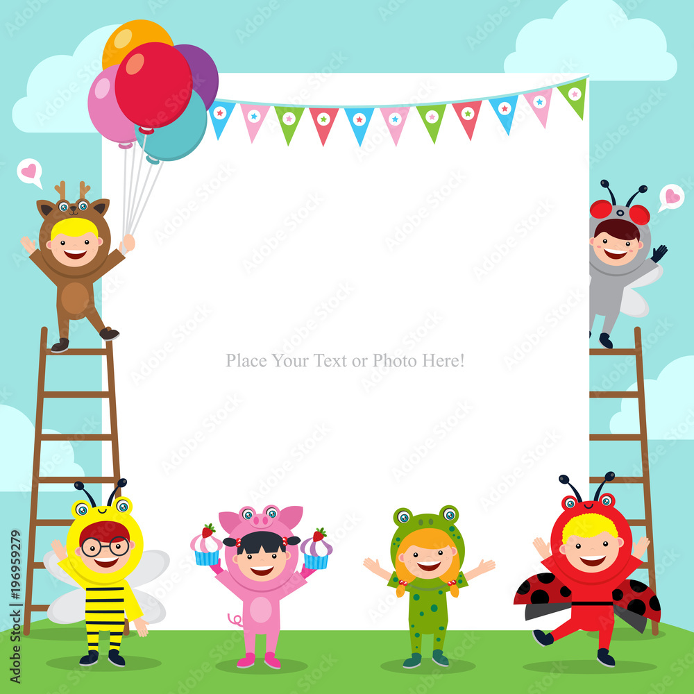 birthday card template with kids in animal costume Stock Vector | Adobe ...