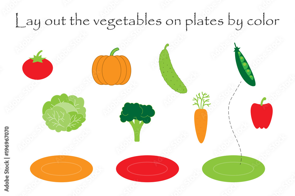 Lay out the vegetables in cartoon style on plates by color for children ...