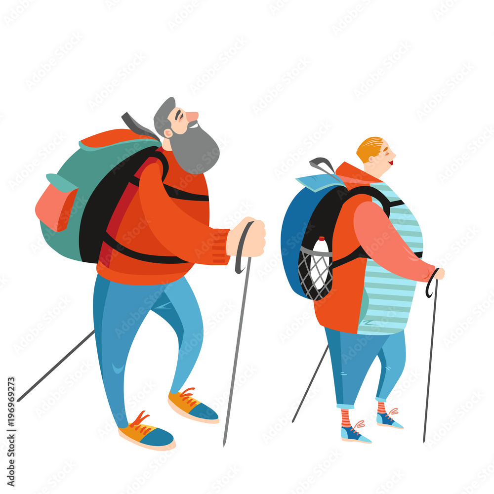 Elderly people hiking together. Vector illustration on white background ...